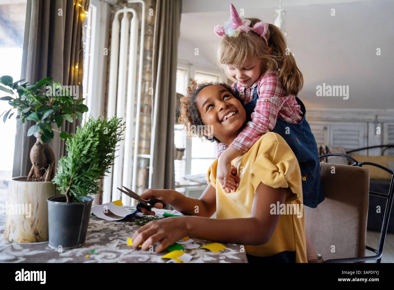 Children art and craft concept. Multiethnic siblings, friends spending ...