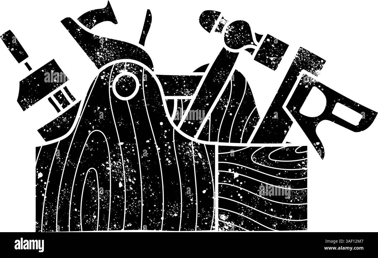 Tools in wooden toolbox black hand drawn icon in grunge look Stock ...