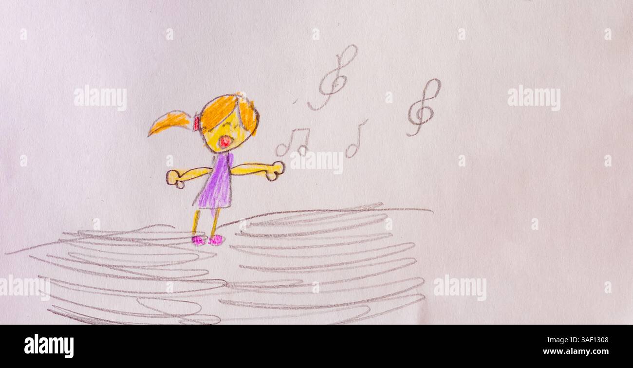 Girl singing drawn by child using pencils on white paper Stock Photo ...