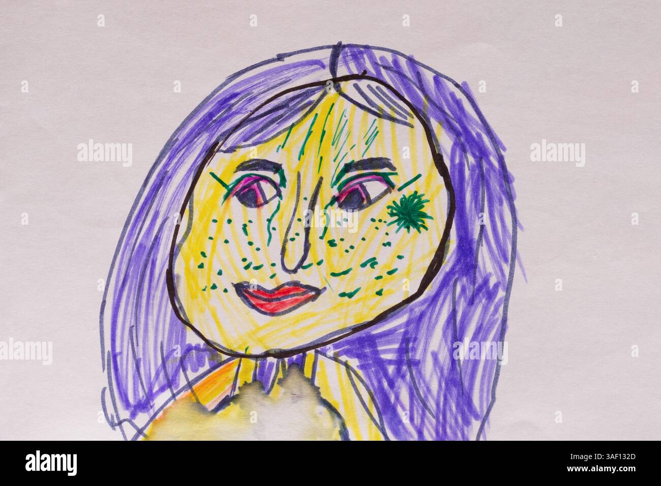 A childs drawing of a womans face using markers. The portrait features ...