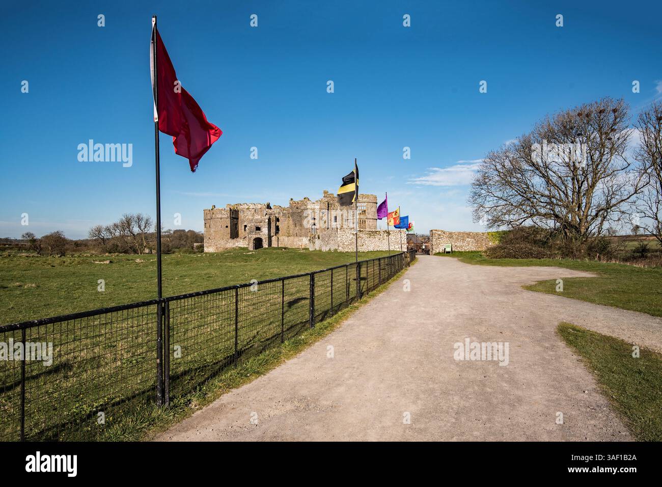 A line of flags along the fence line in front of Carew Castle in ...