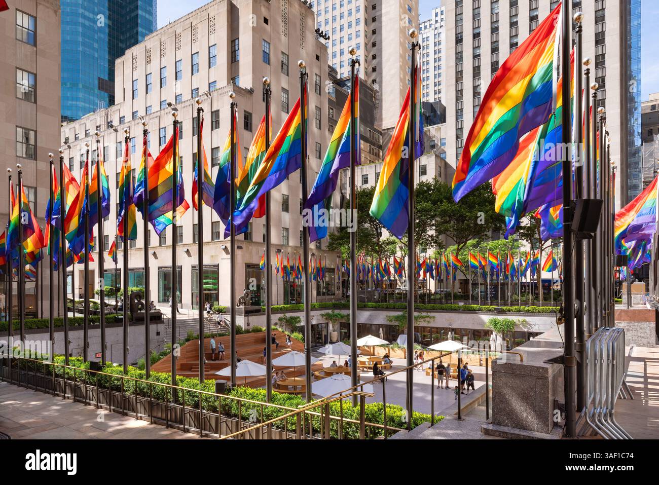 Rockefeller Center with installation of rainbow color flags celebrating LGBTQ+ Pride month ...