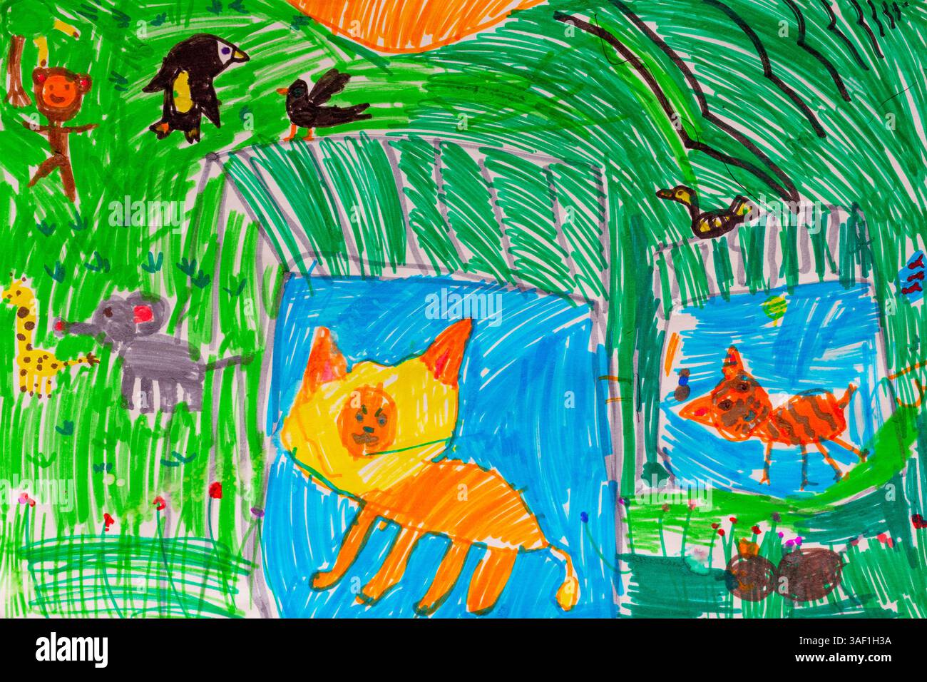 Colorful zoo scene with lion, tiger, elephant, giraffe, monkey, and ...