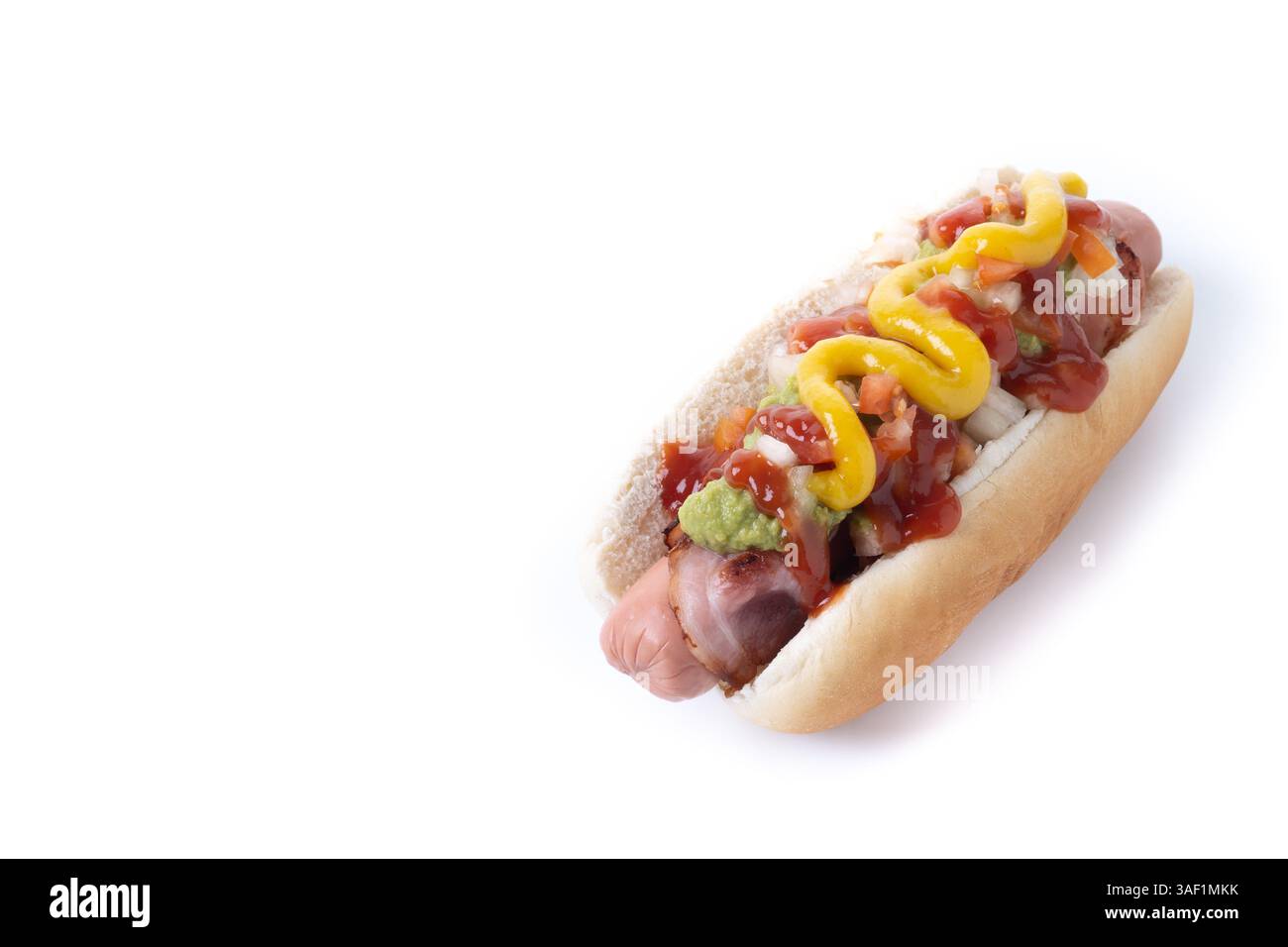 Sonoran hot dog. Traditional Mexican hot dog isolated on white ...