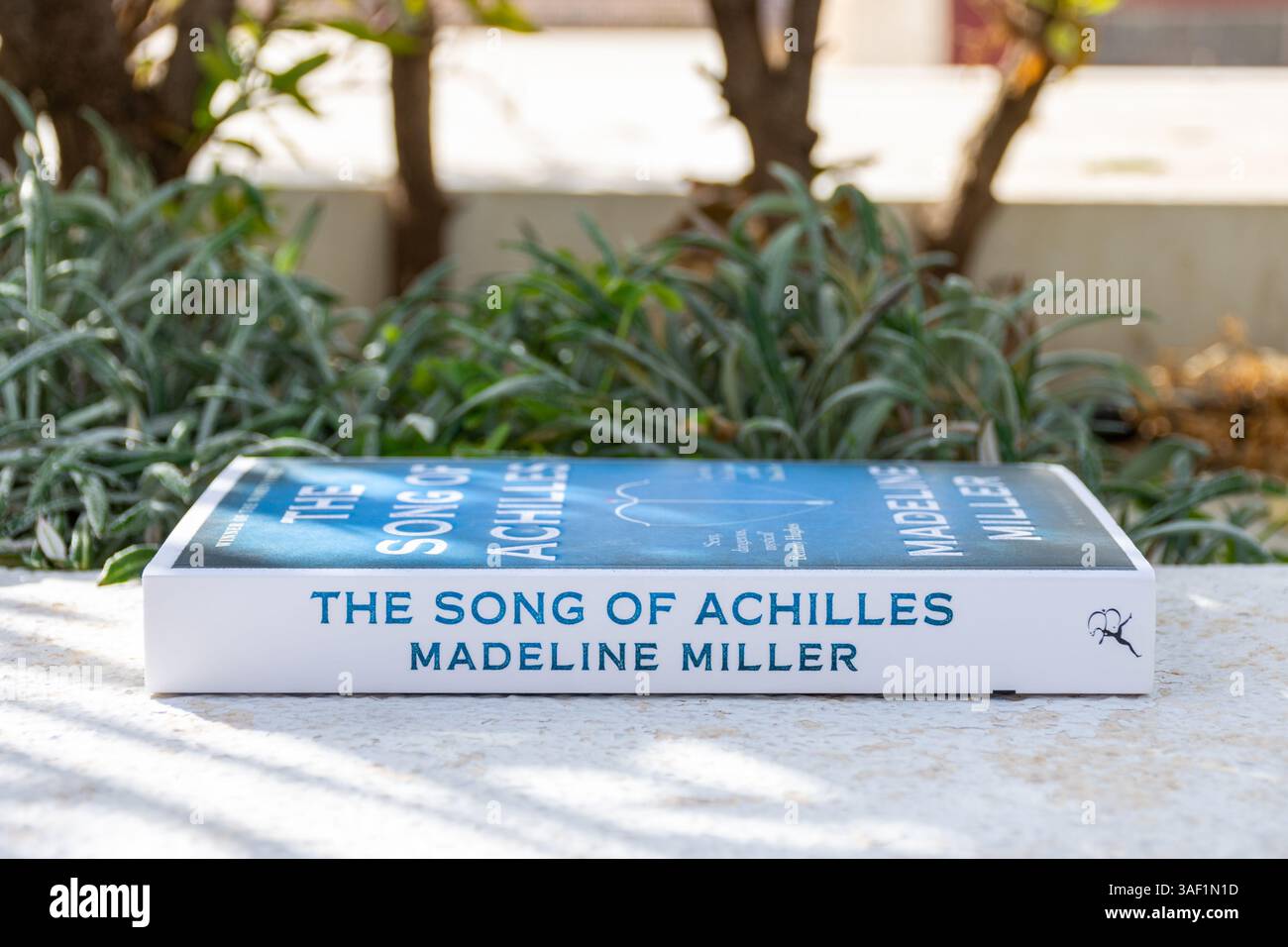 Close-up of Madeline Miller's The Song of Achilles novel in the garden ...
