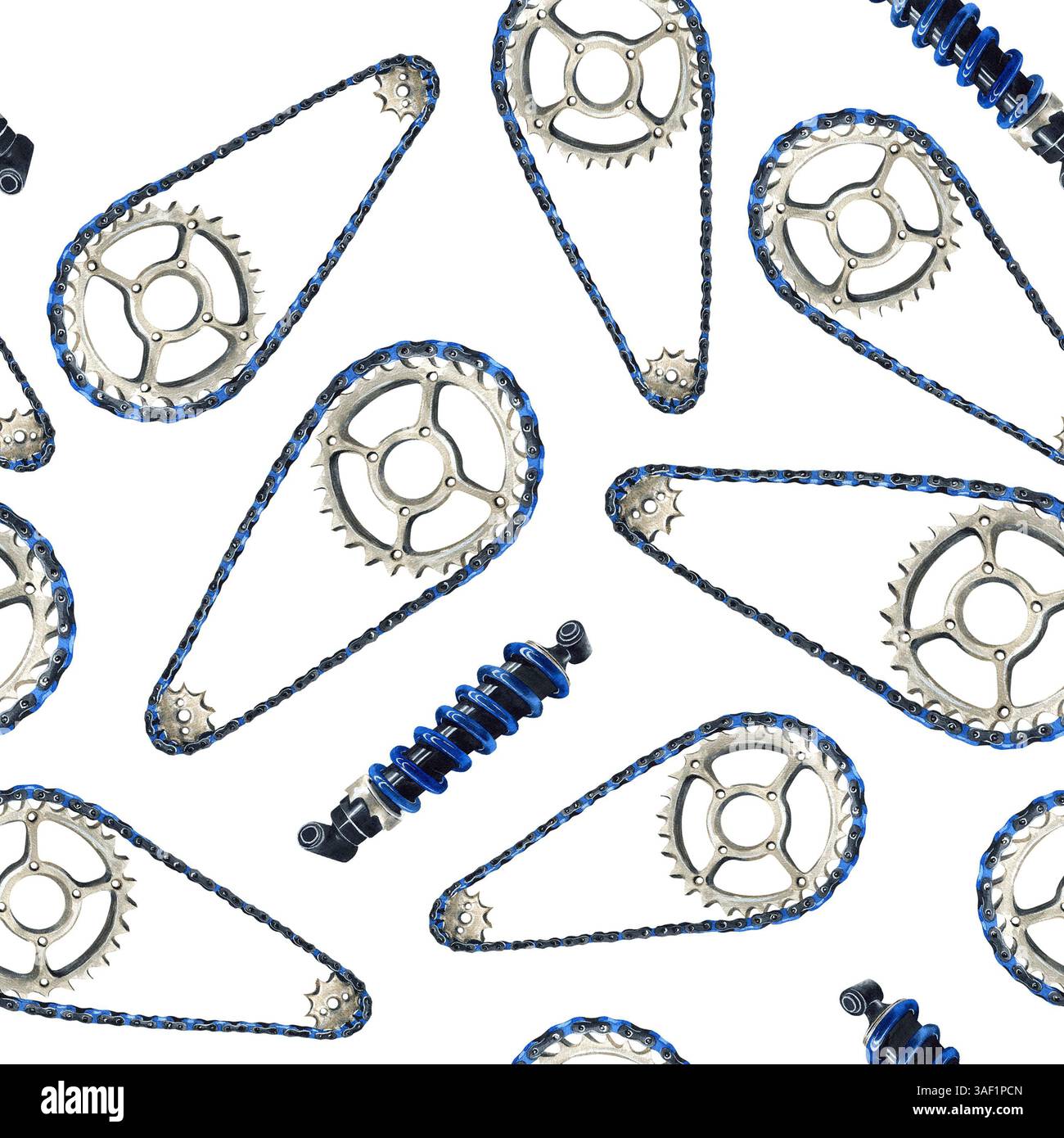 Drive roller chain and shock absorber seamless pattern. Watercolor ...