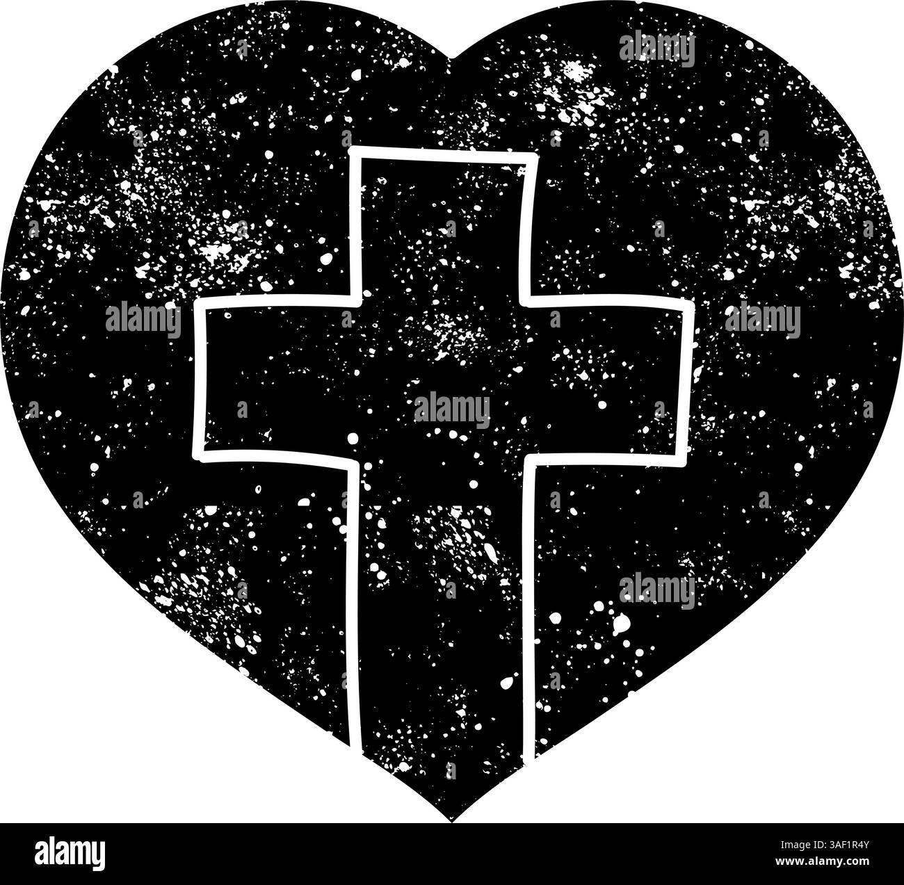 Christian cross inside heart shape black hand drawn icon in grunge look ...