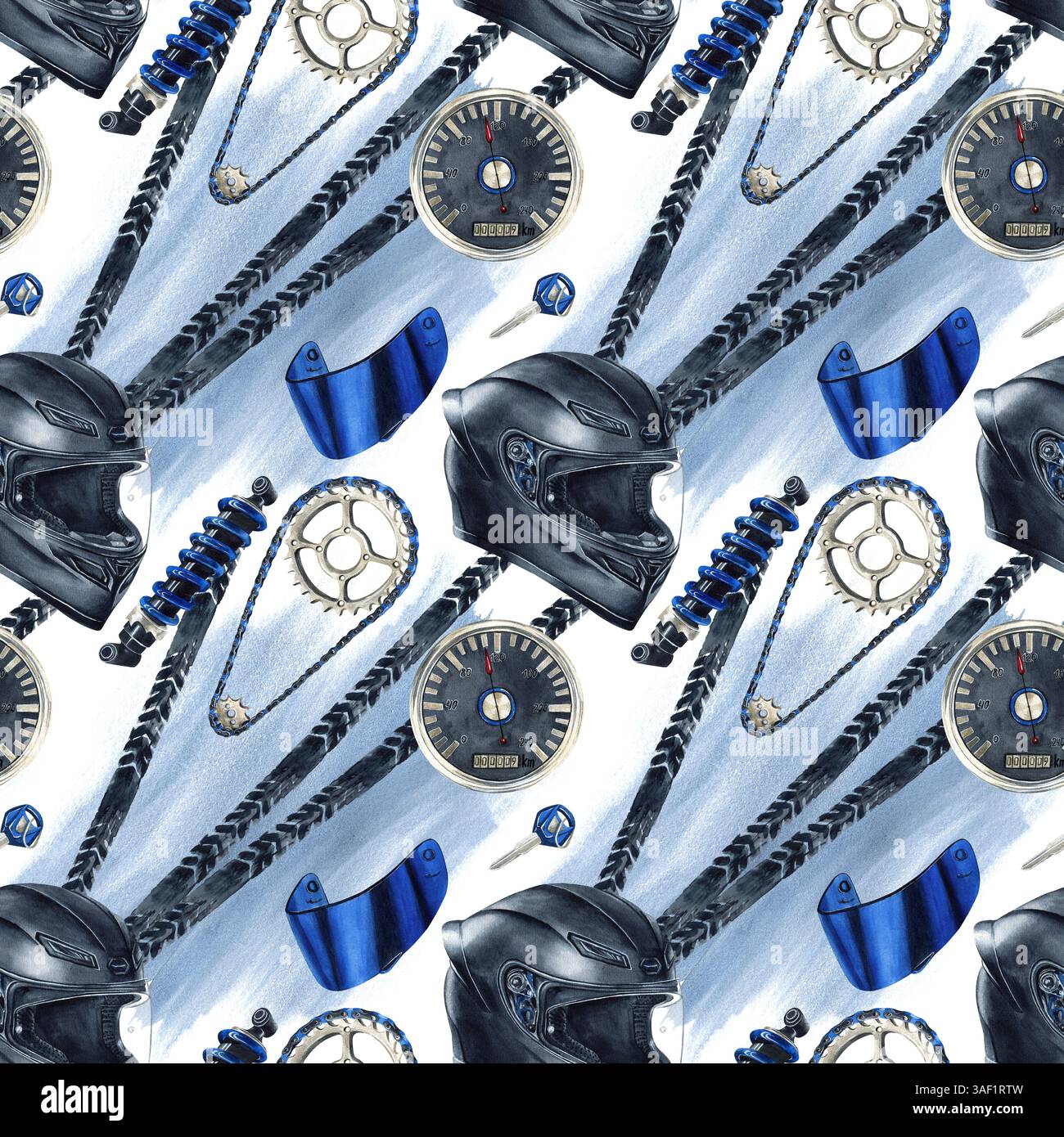 Seamless pattern with helmet, chain, blue visor and speedometer ...