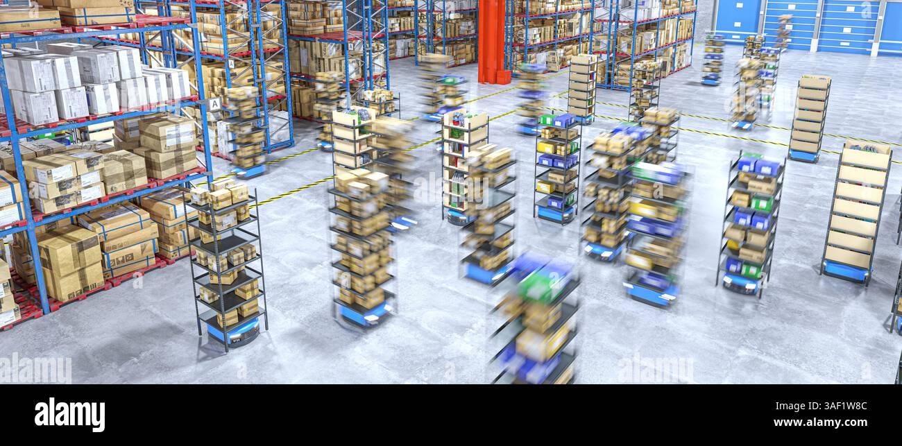 Automated guided vehicles with goods in modern warehouse 3d Stock Photo ...