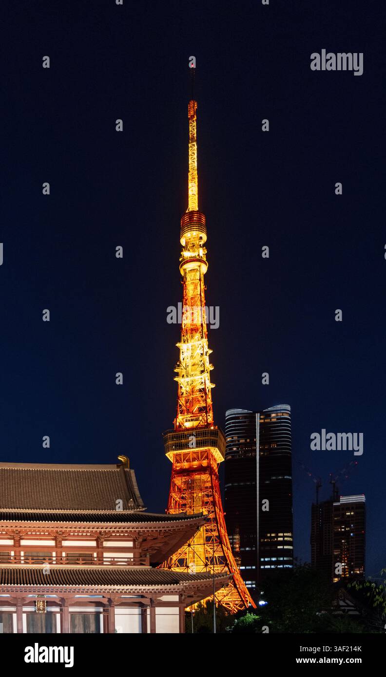 Tokyo Tower glows with golden lights beside Zojo-ji Temple under the night sky with a modern ...