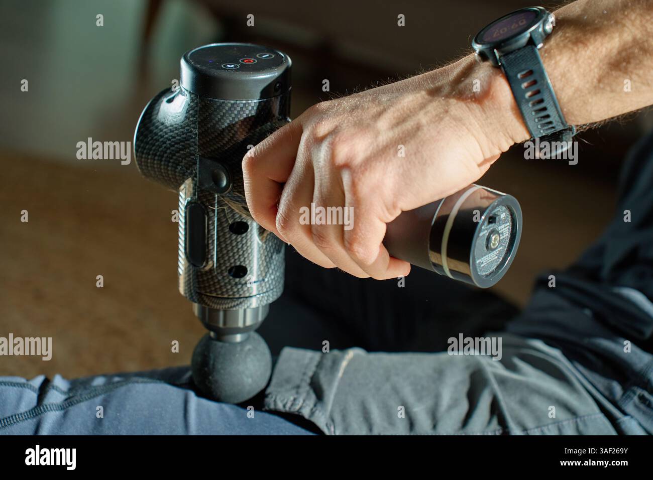 Close-up of man recovery muscle after training, massaging legs with ...