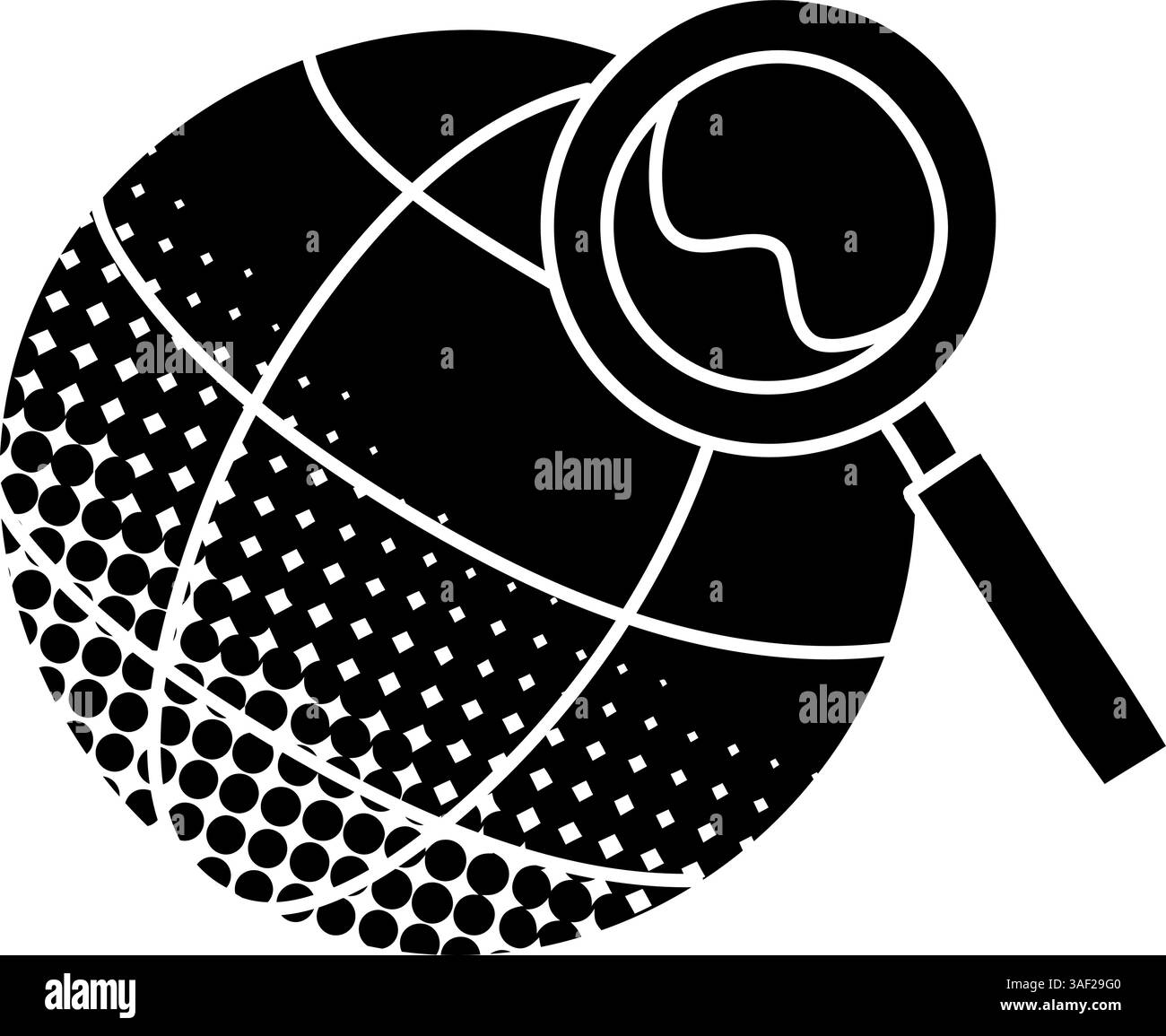 black hand drawn icon in halftone texture style magnifier on globe ...
