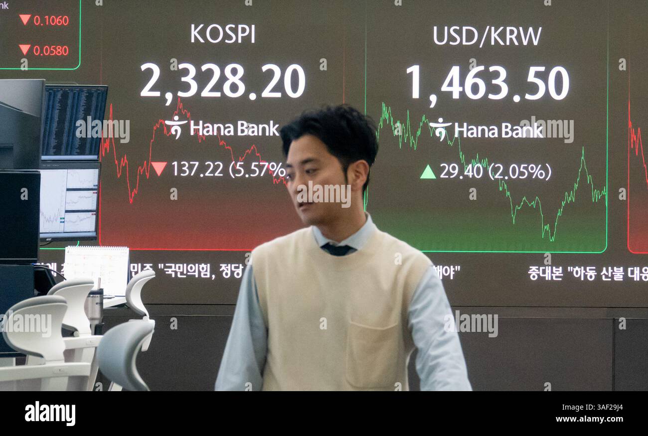 Korea Economy, Apr 7, 2025 : A screen shows Korea Composite Stock Price Index (KOSPI) at a ...