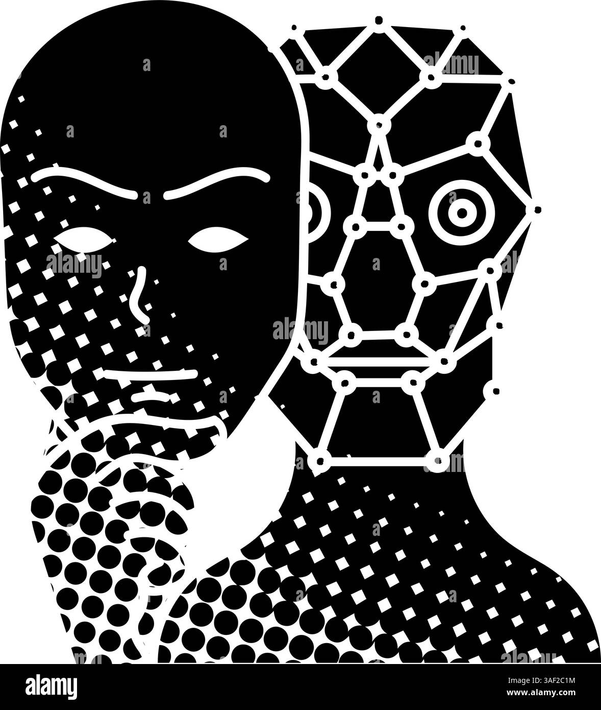 Deep fake concept robot wearing human face mask black hand drawn icon ...