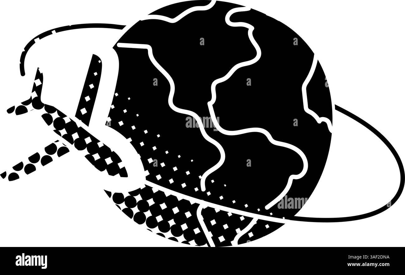 Airplane orbiting earth black hand drawn icon in halftone texture style ...
