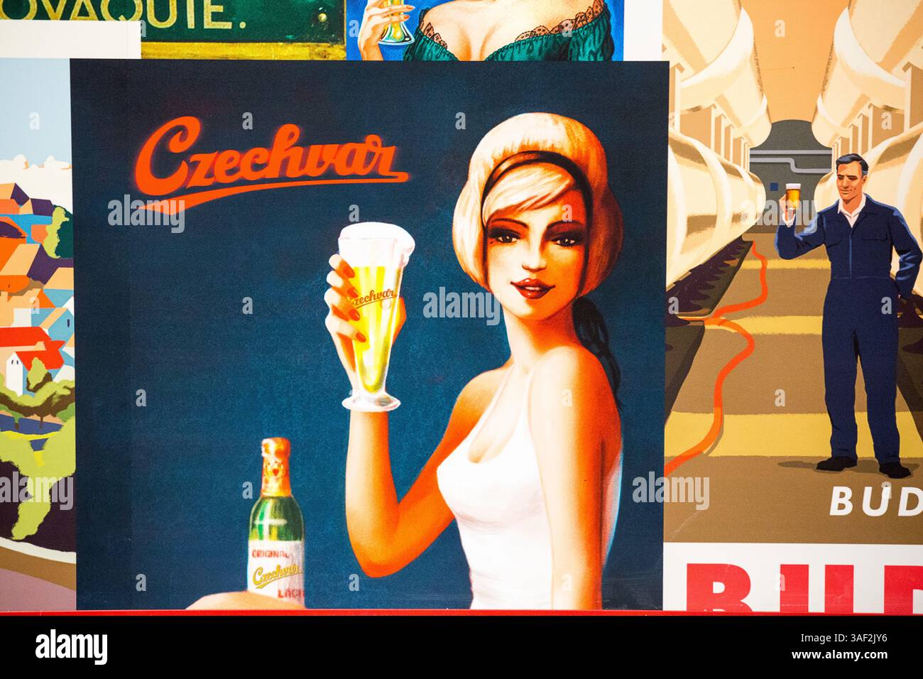 Old beer posters seen in Budweiser Budvar Visitor Center. Founded in ...