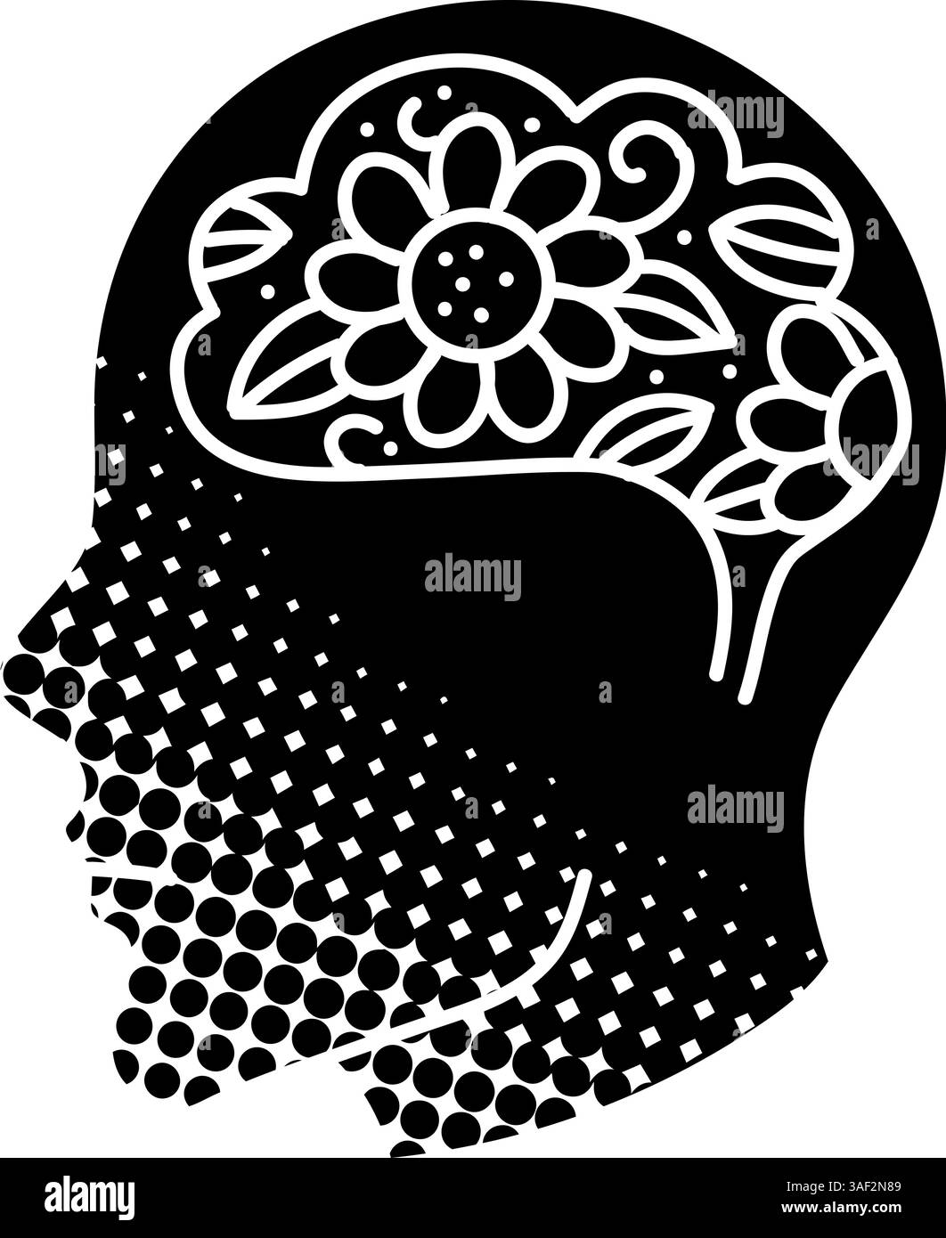 Mental health human brain black hand drawn icon in halftone texture ...