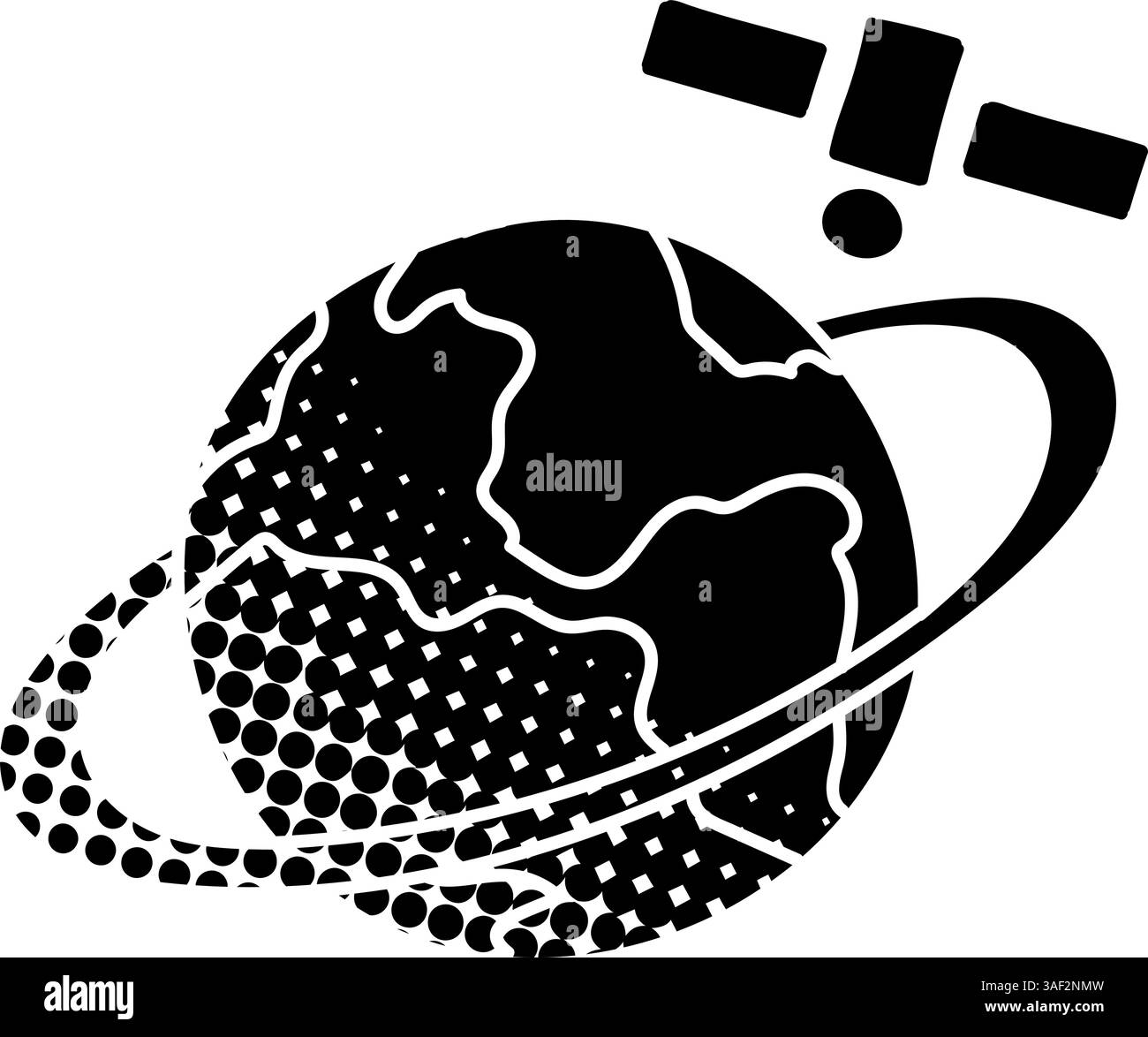 Satellite orbiting earth black hand drawn icon in halftone texture ...