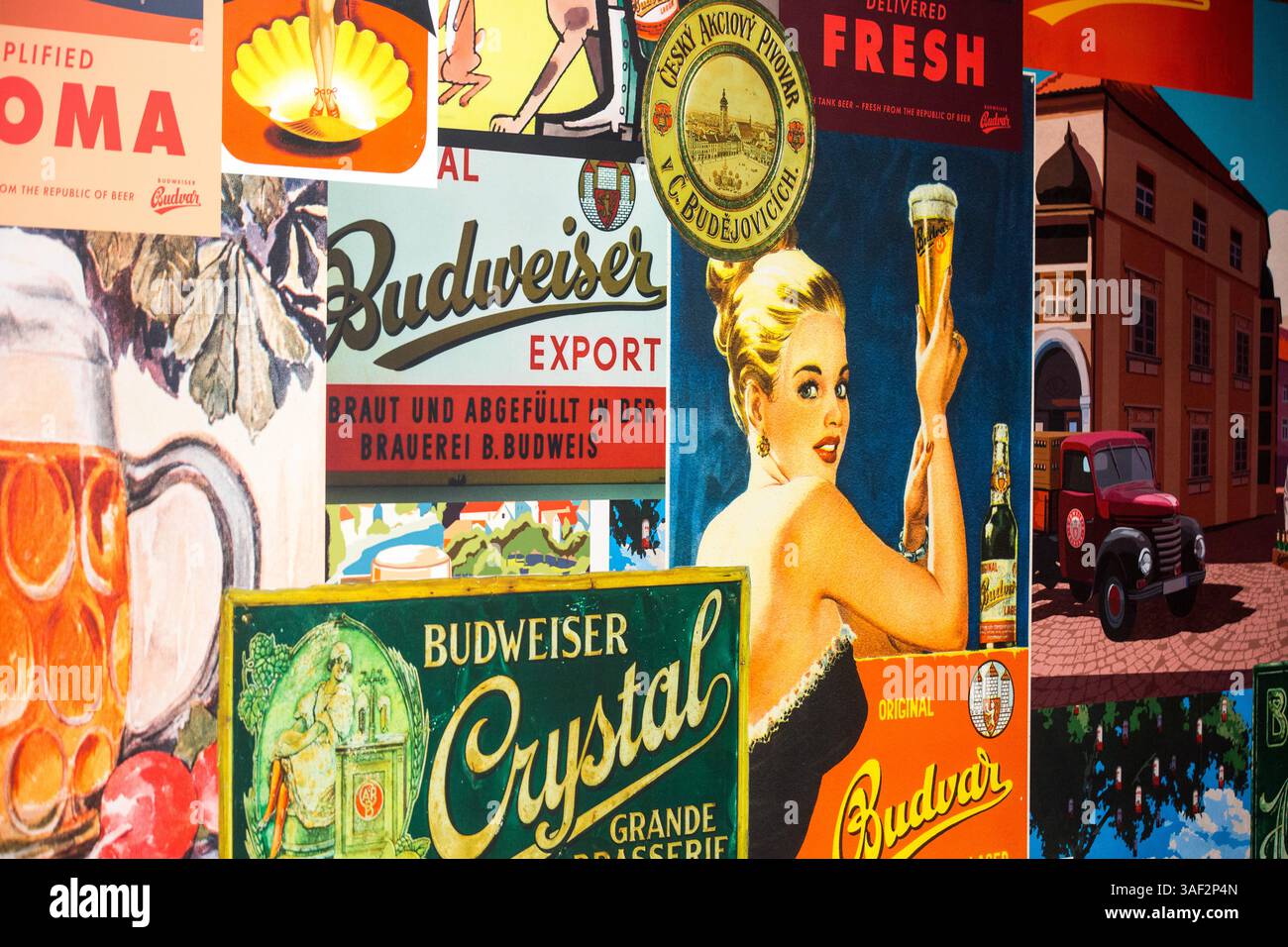 Ceske Budejovice, Czech Republic. 10th Nov, 2024. Old beer posters seen ...