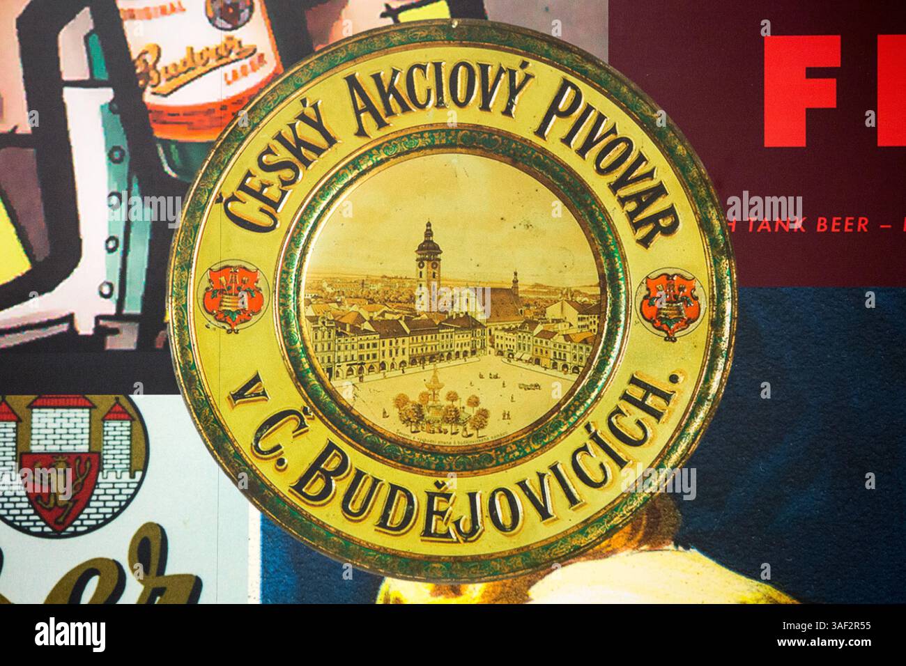 Old beer poster seen in Budweiser Budvar Visitor Center. The first beer ...