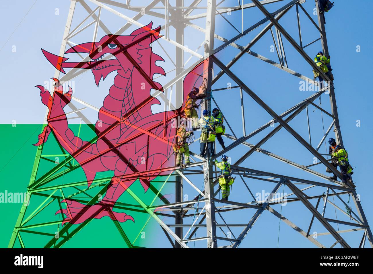 Electricity pylon construction with flag of Wales concept Stock Photo ...