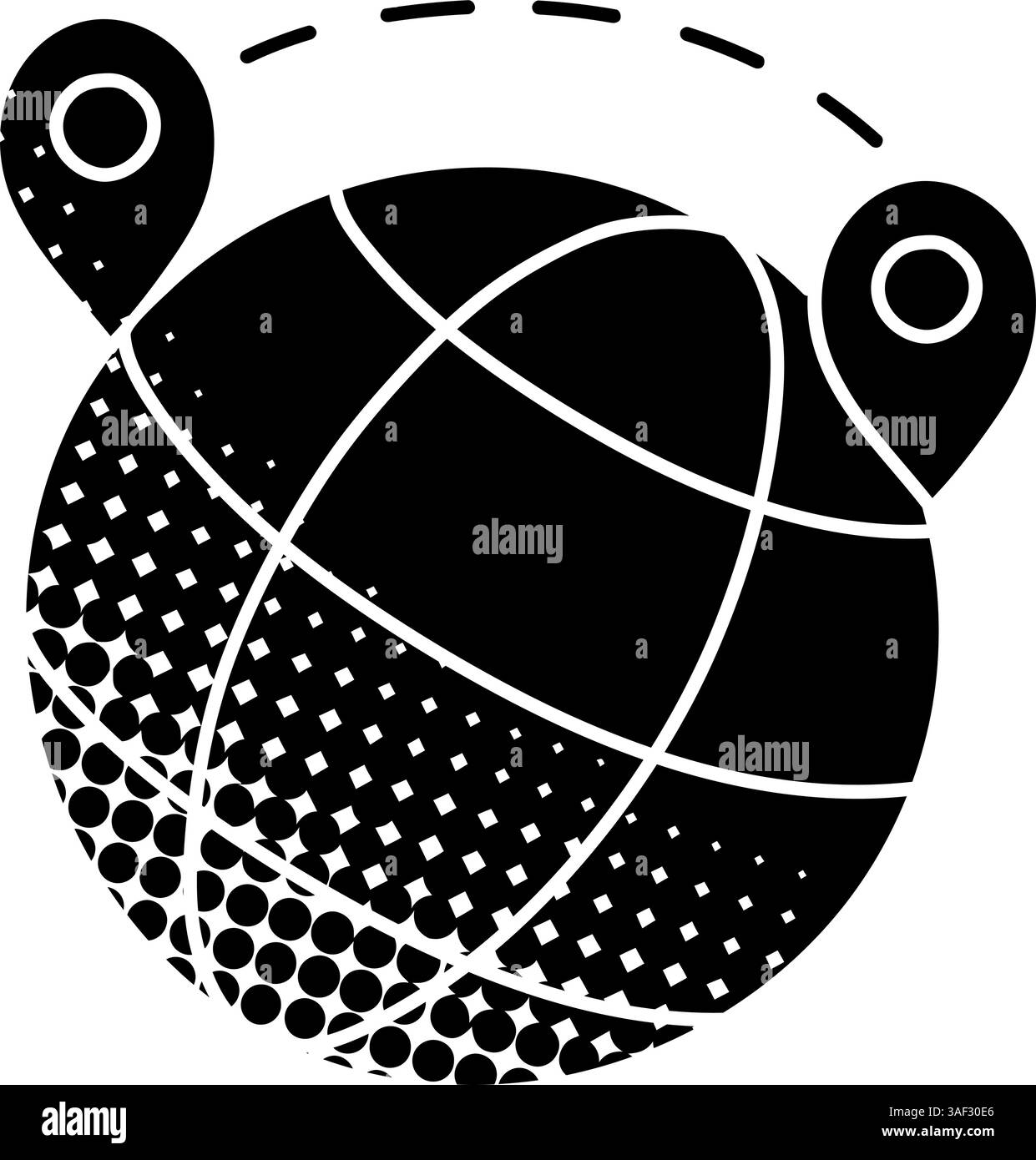 black hand drawn icon in halftone texture style map pin route on globe ...