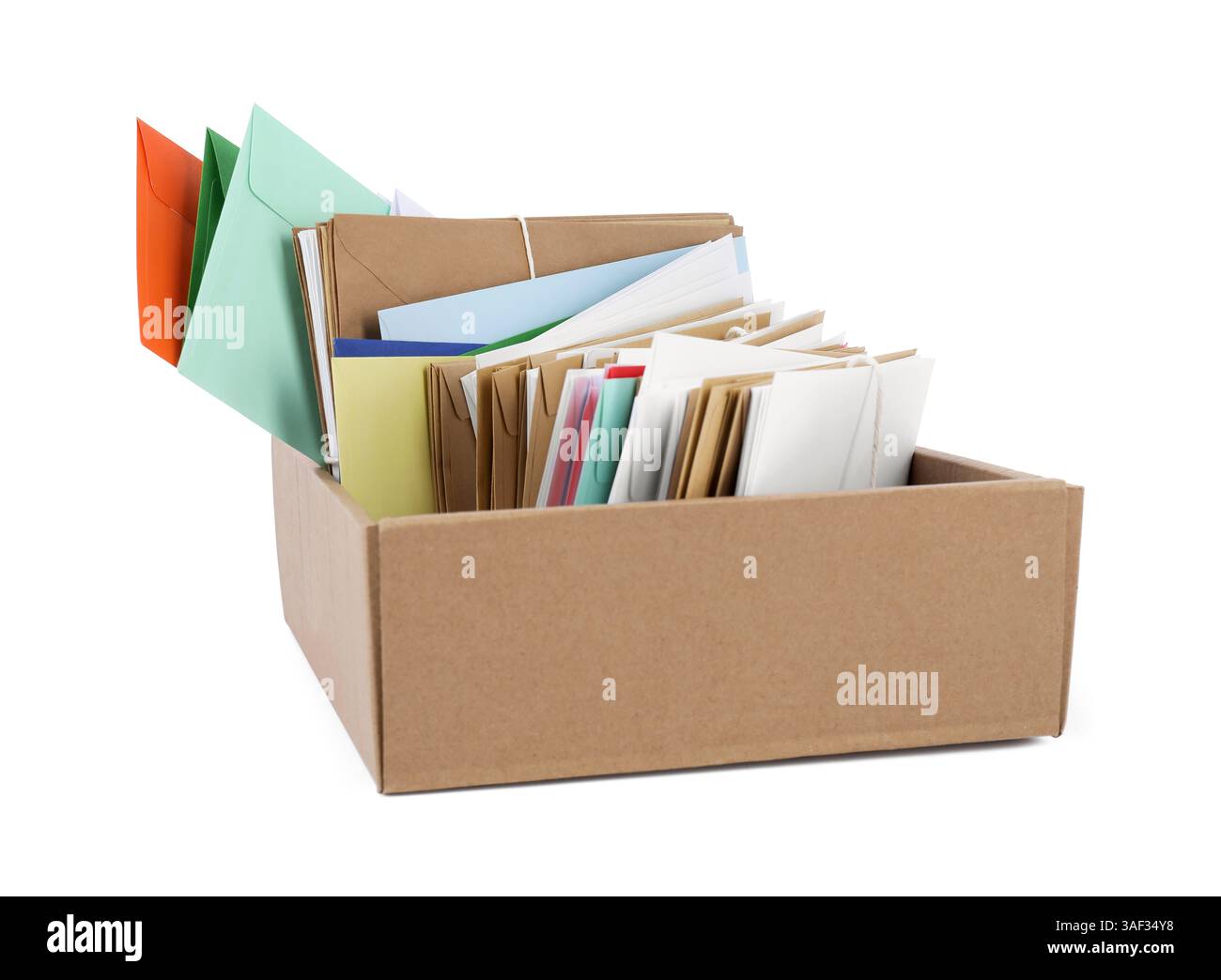Different paper envelopes in box on white background. Post office Stock ...