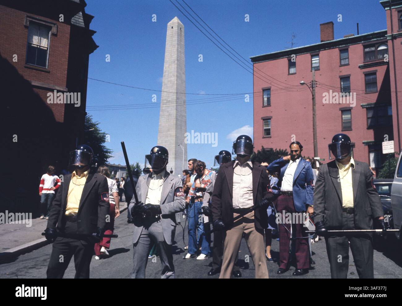 Oct 28, 1975; Boston, MA, USA; Images of a protest against the forced ...