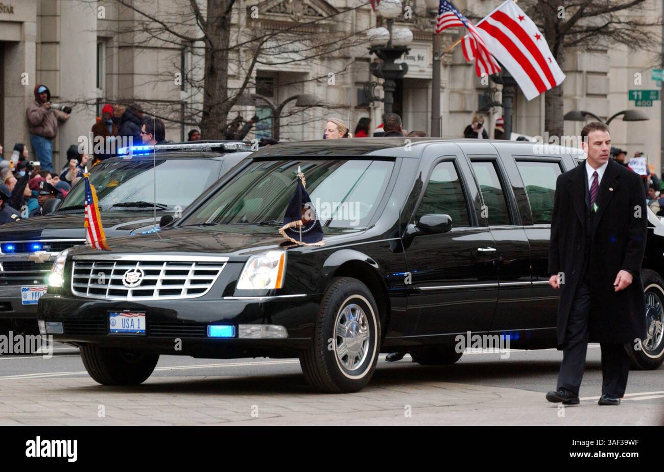 Jan 20, 2005; Washington, DC, USA; The presidential limousine heads ...