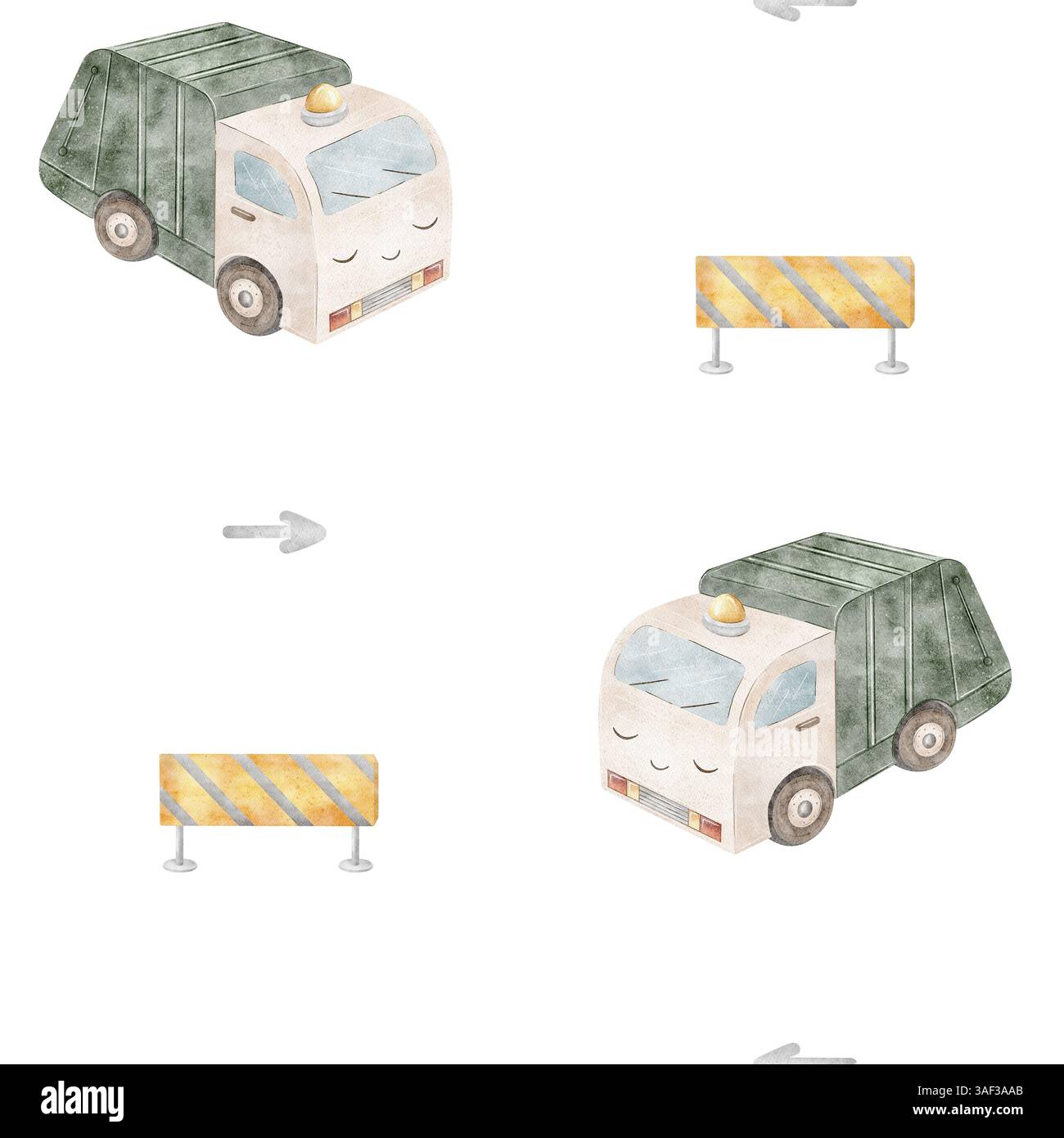 Pattern garbage truck, car character with eyes. Watercolor illustration ...