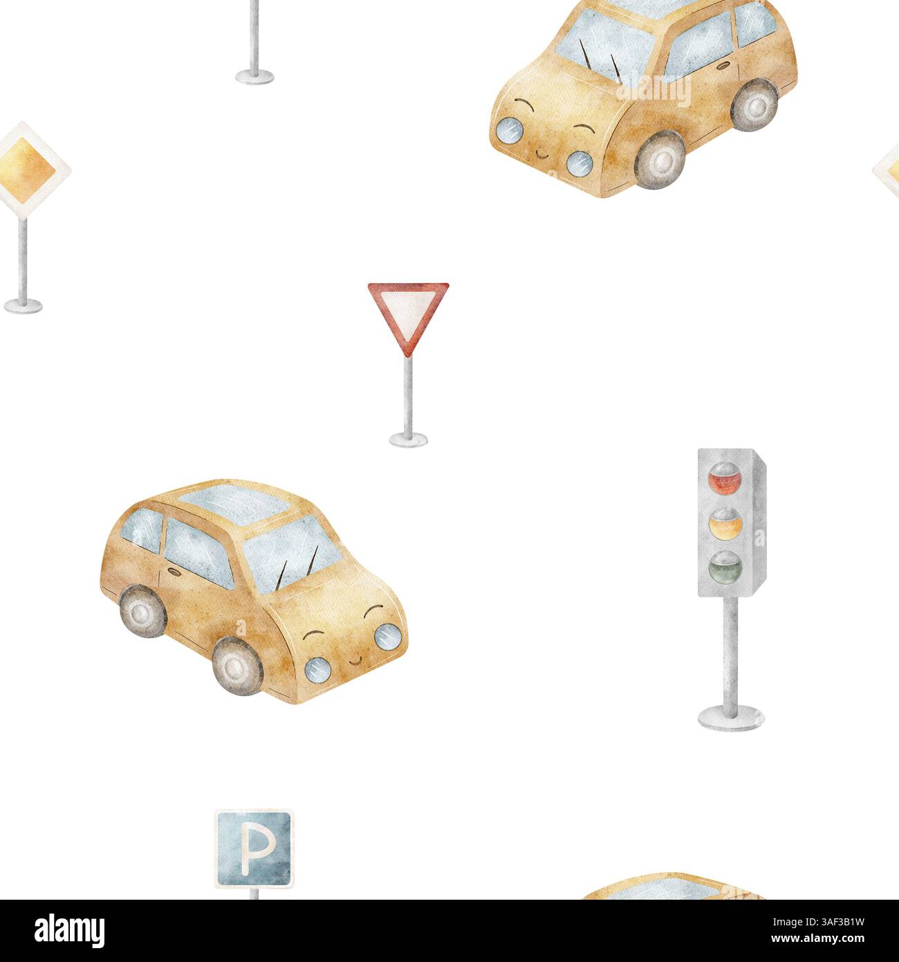 Watercolor pattern car with eyes, smile. Transport illustration, road ...