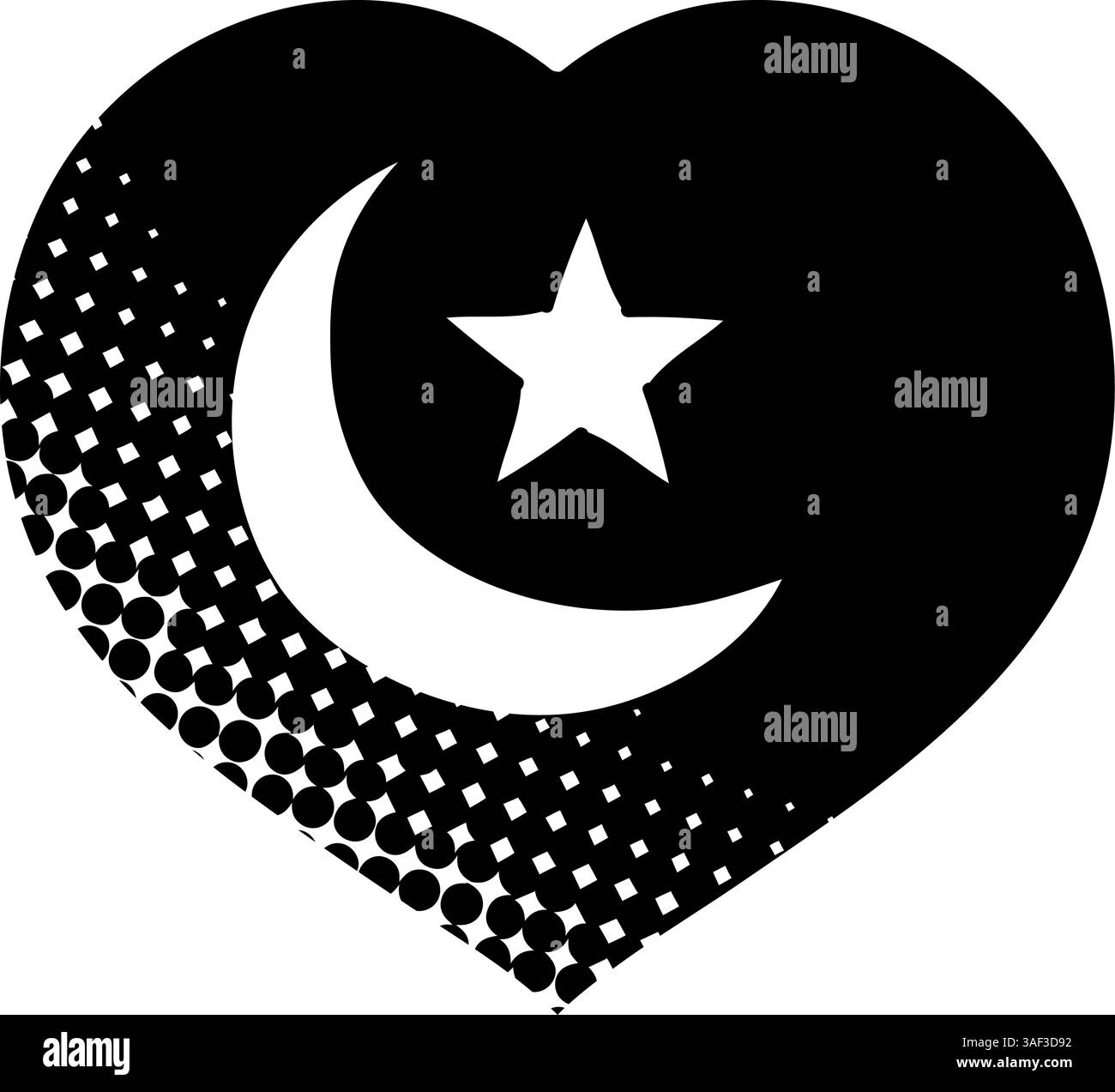 Crescent star inside heart shape black hand drawn icon in halftone ...
