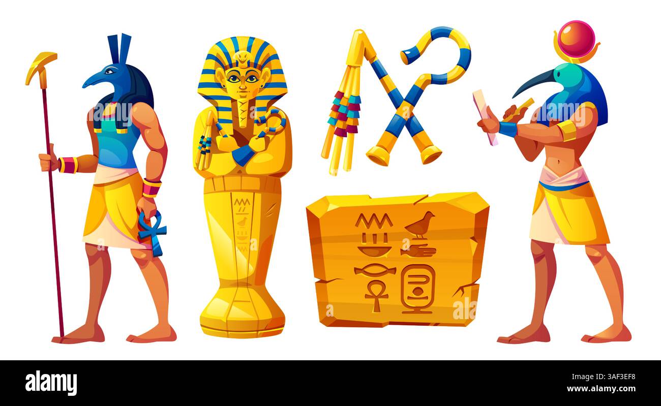 Ancient Egyptian stone pharaoh statues set - Anubis holding ankh ...