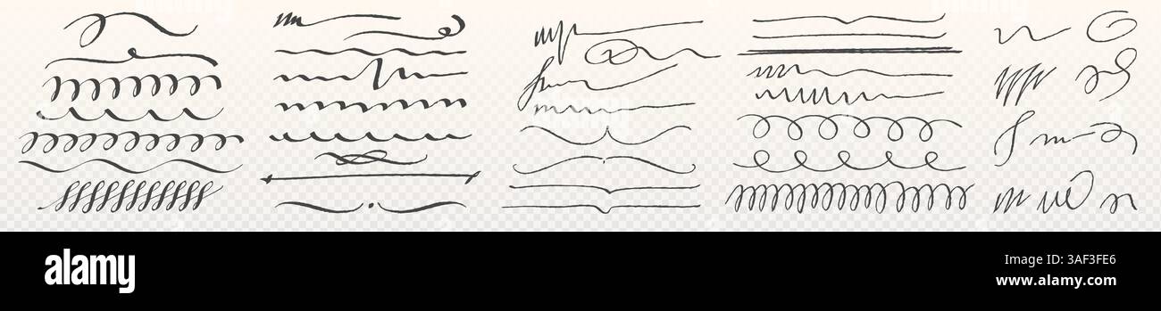 Hand drawn highlight strokes set - black ink doodle lines, waves, curls ...