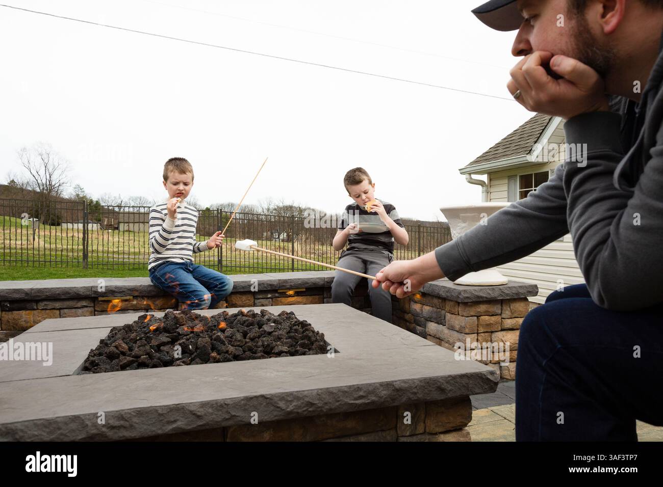 Father and Two Sons Roasting Marshmallows Around Backyard Fire-pit ...