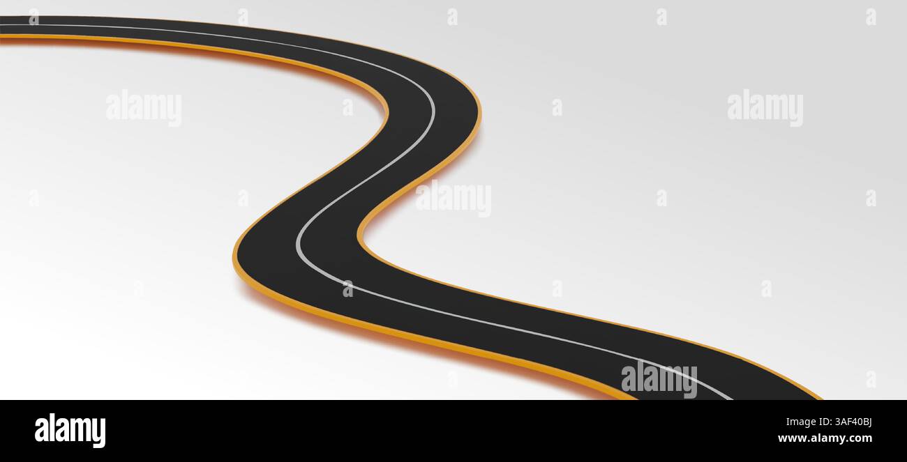 3D road highway curve with black asphalt surface and yellow edges ...