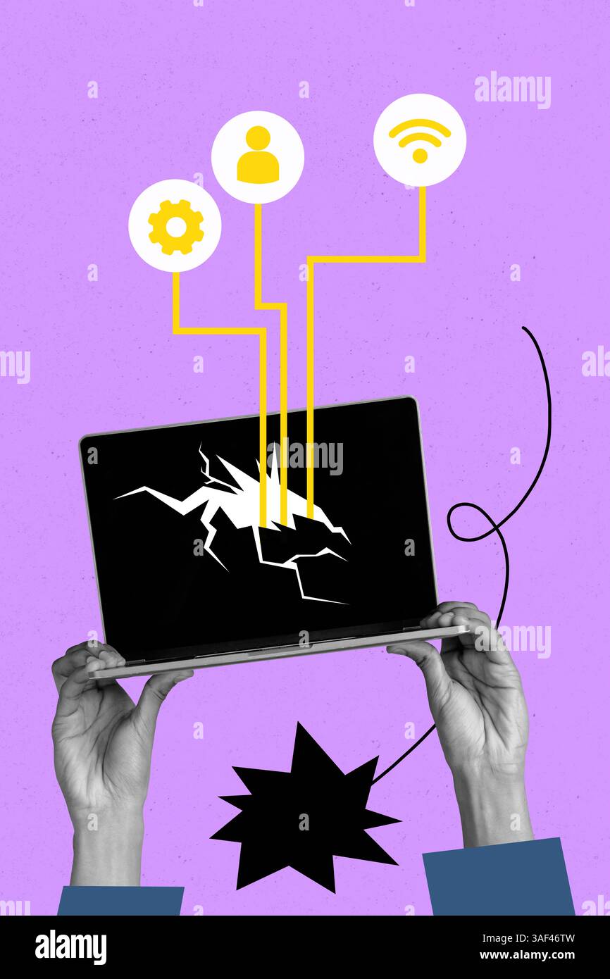 Sketch image trend montage 3D photo collage of hand up hold laptop ...