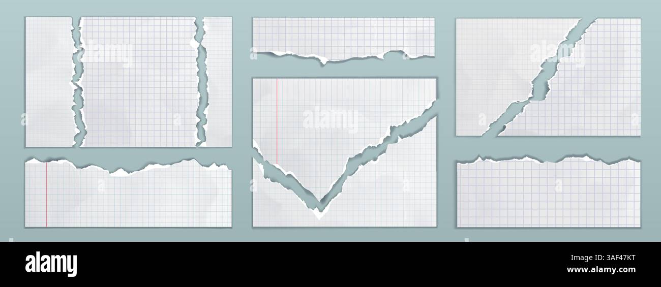 Ripped paper sheets set with checkered grid and torn edges. Realistic ...