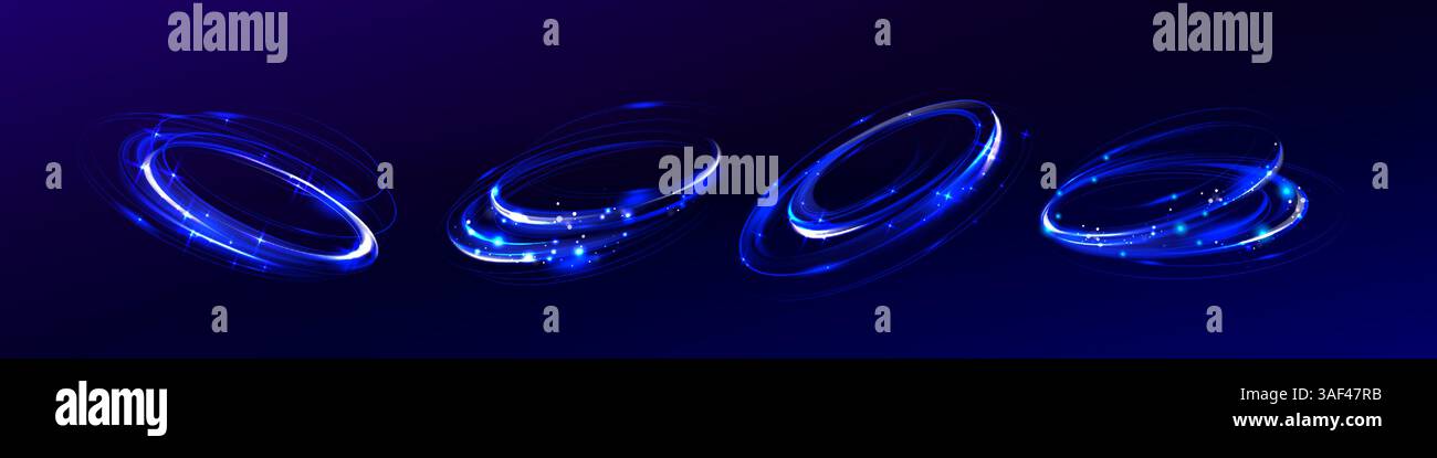 Glowing blue vortex spiral lines set - neon light swirl trails. Energy ...
