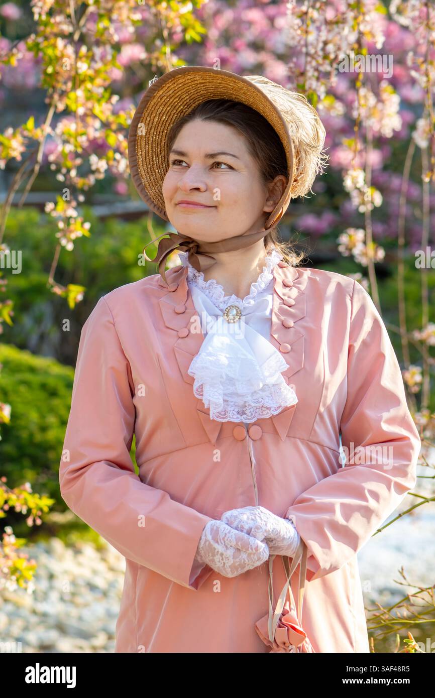 Historical reconstruction of Regency fashion - lady in pastel dress and ...