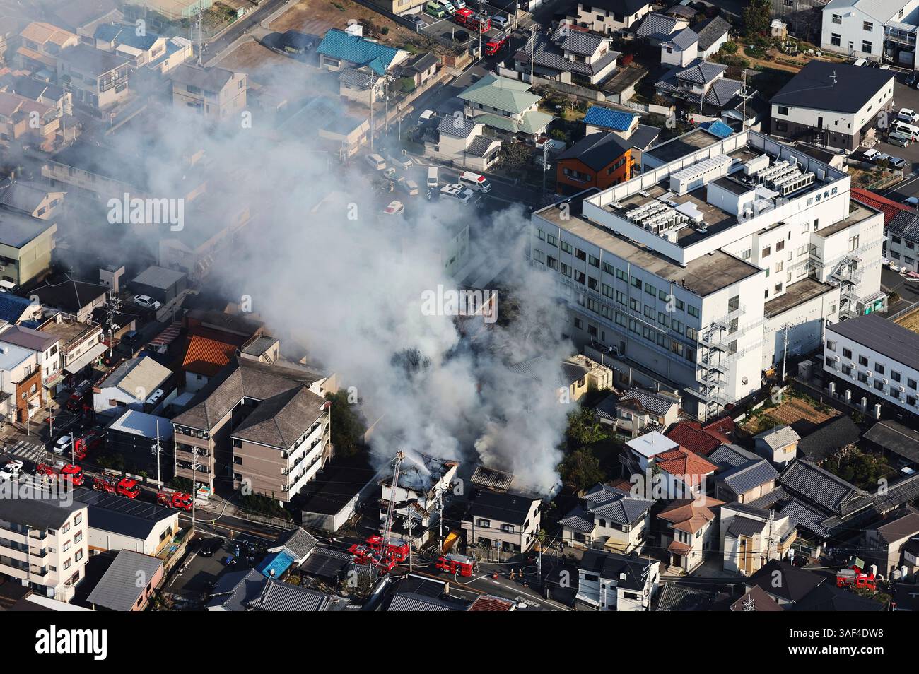An aerial photo shows a house fire near Minamisakai Hospital in Sakai ...
