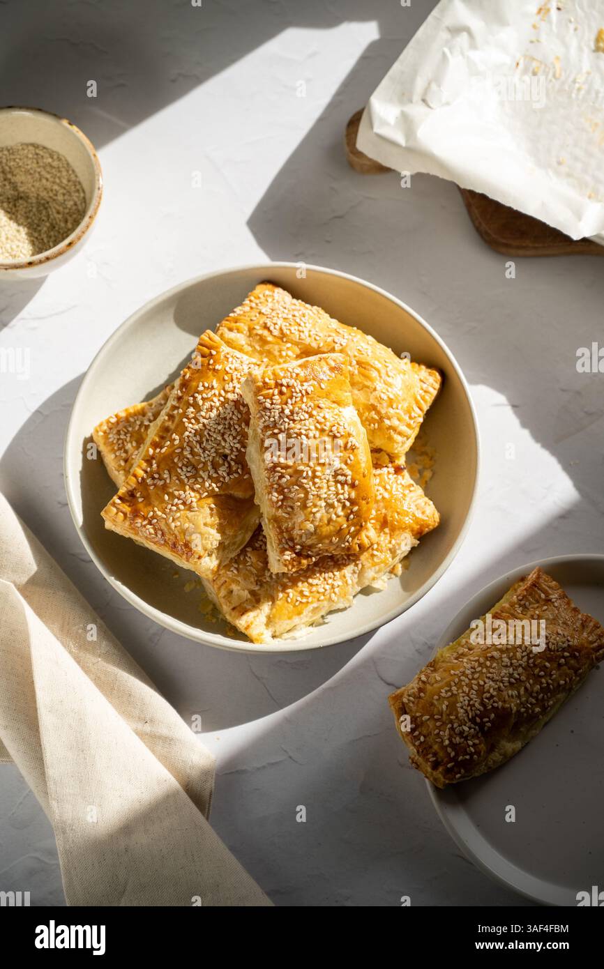 Puff pastries with cottage cheese in a bowl, top view Stock Photo - Alamy