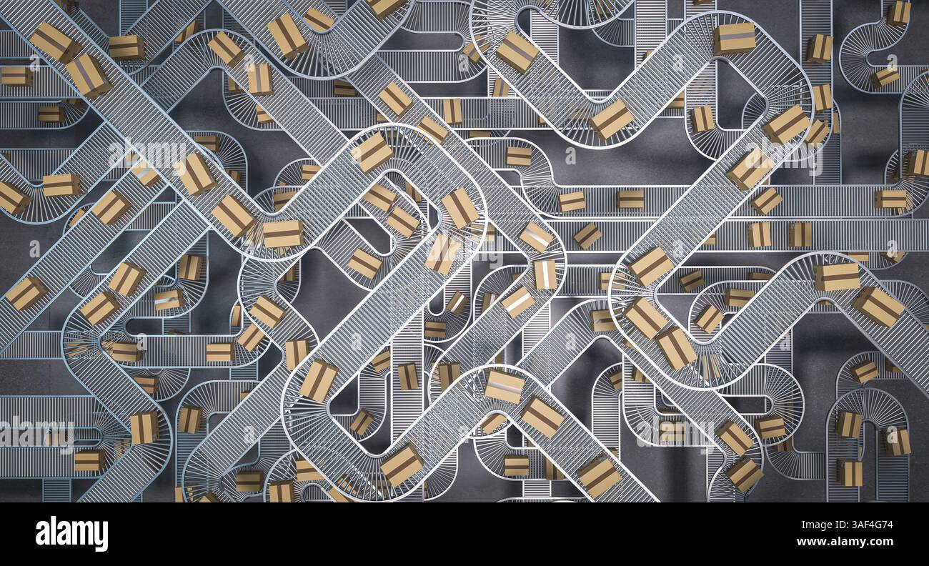 Cardboard boxes moving on conveyor belts automated warehouse 3d Stock ...