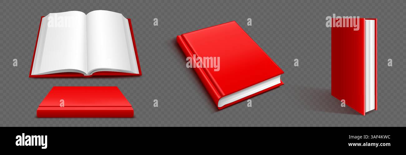 Open book from different angles with side view. Red hardcover ...