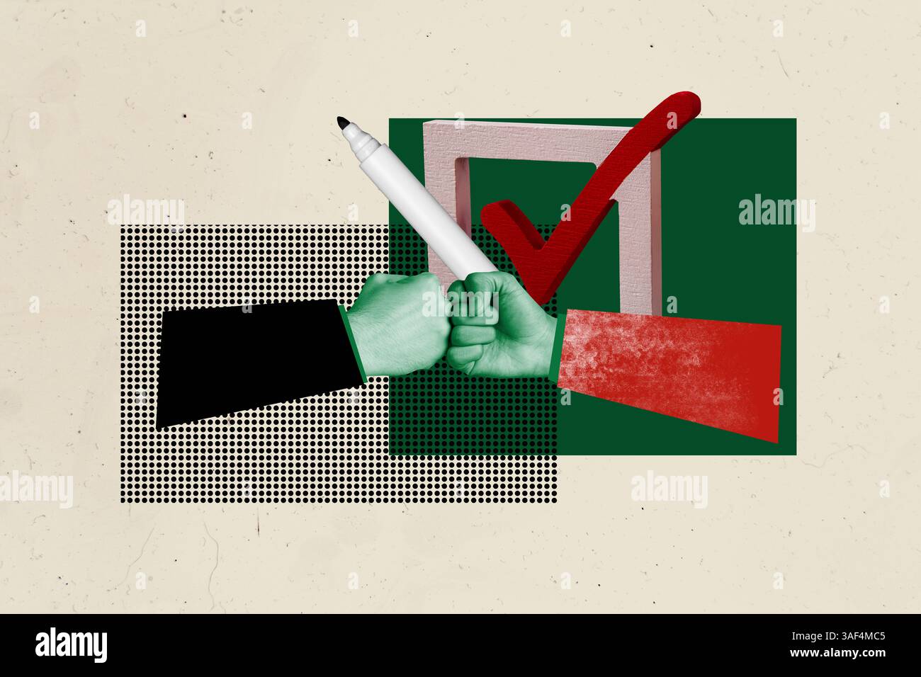 Composite 3D photo collage design sketch of done success checkbox mark ...