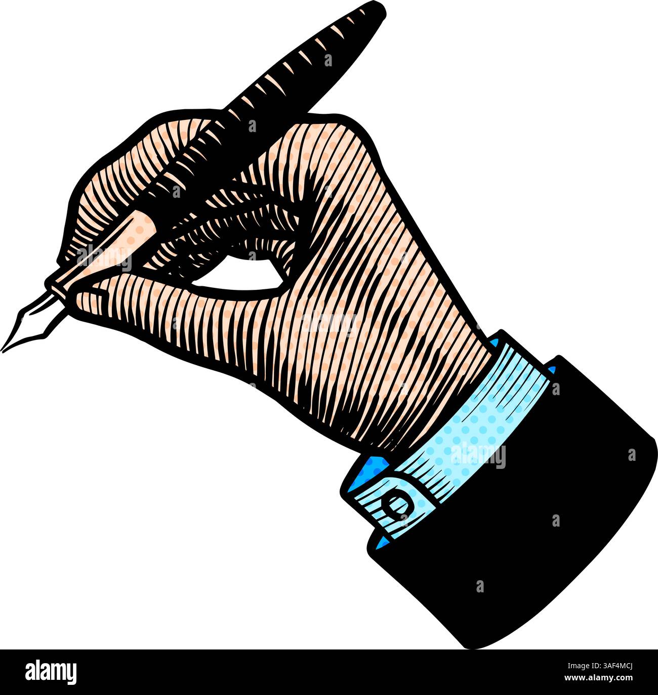 Hand holding pen hand drawn halftone color vector illustration Stock ...