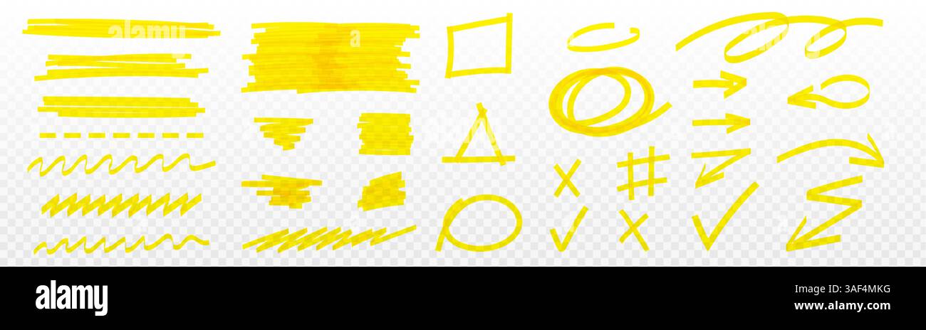 Yellow highlight marks set - hand drawn lines and circles, arrows and symbols for underlining ...