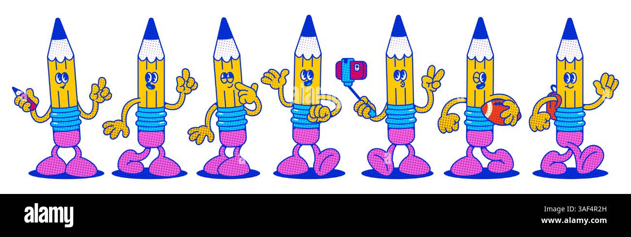 Cartoon pencil character set - yellow pencil mascot with eyes, hands ...