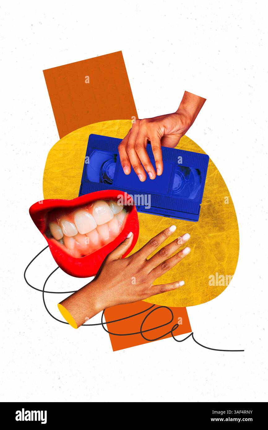 Exclusive image vertical photo collage of hand hold retro boombox cassette music player occasion ...