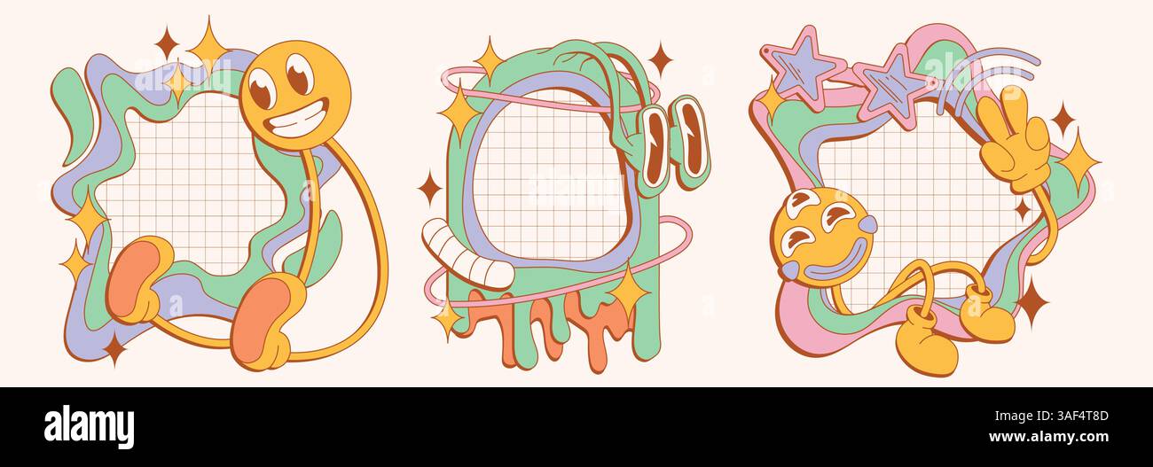 Psychedelic 70s groovy retro frames - colorful wavy shapes decorated ...